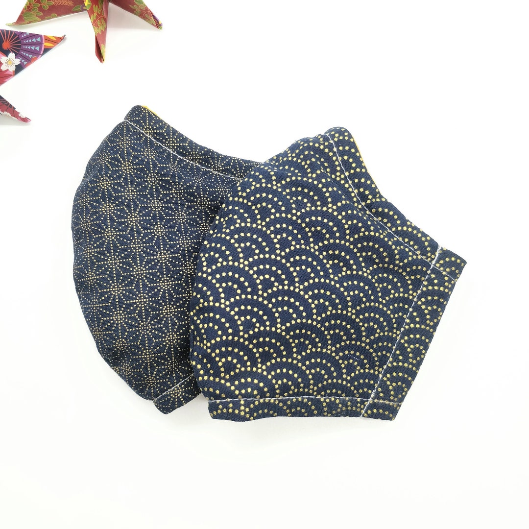 Japanese Kimono Golden Wave Facemasks, 4 Layers, 100% Cotton, Nose Wire ...