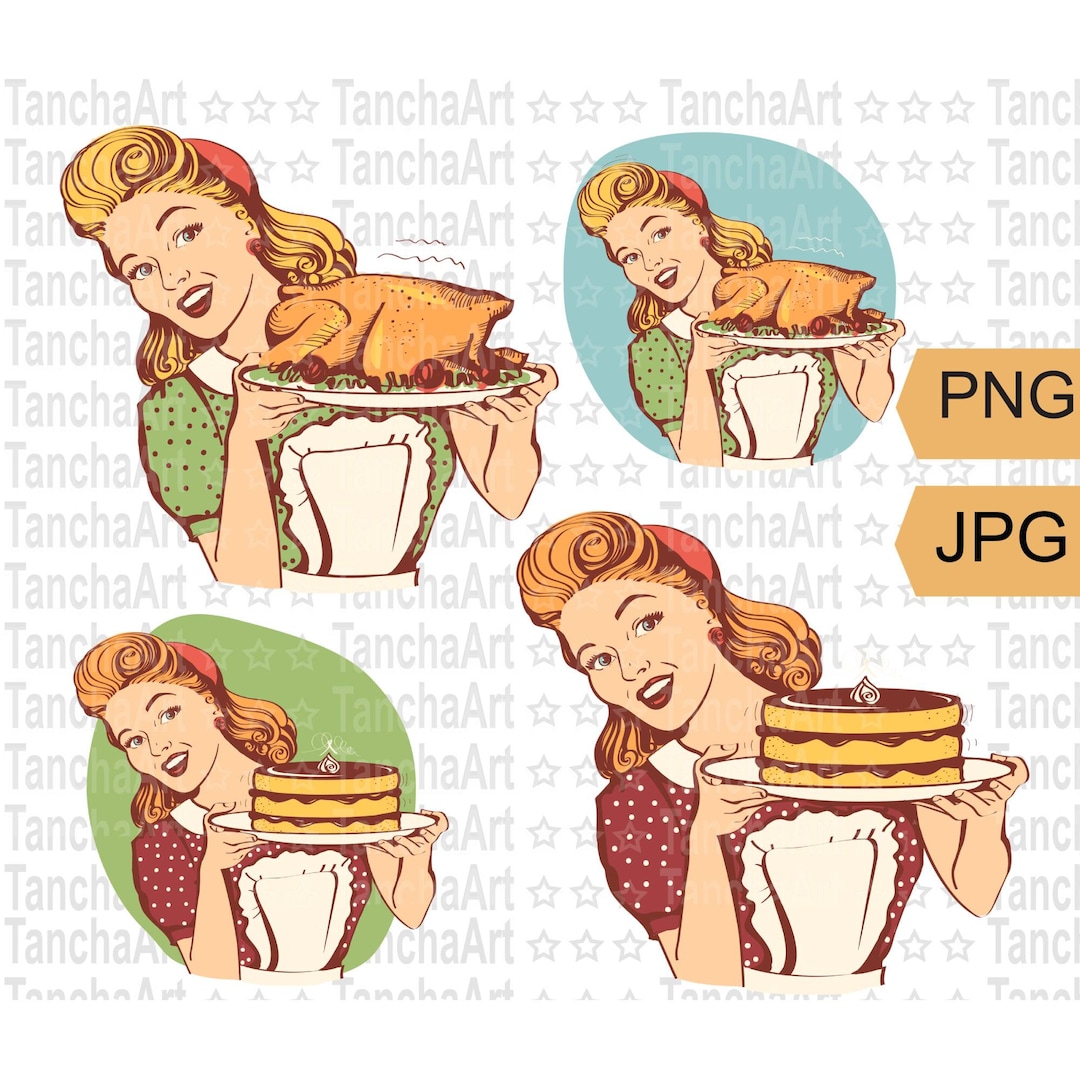 Retro Woman Chef Cooker Pin up Woman Plate Chicken Plate Cake Printable ...