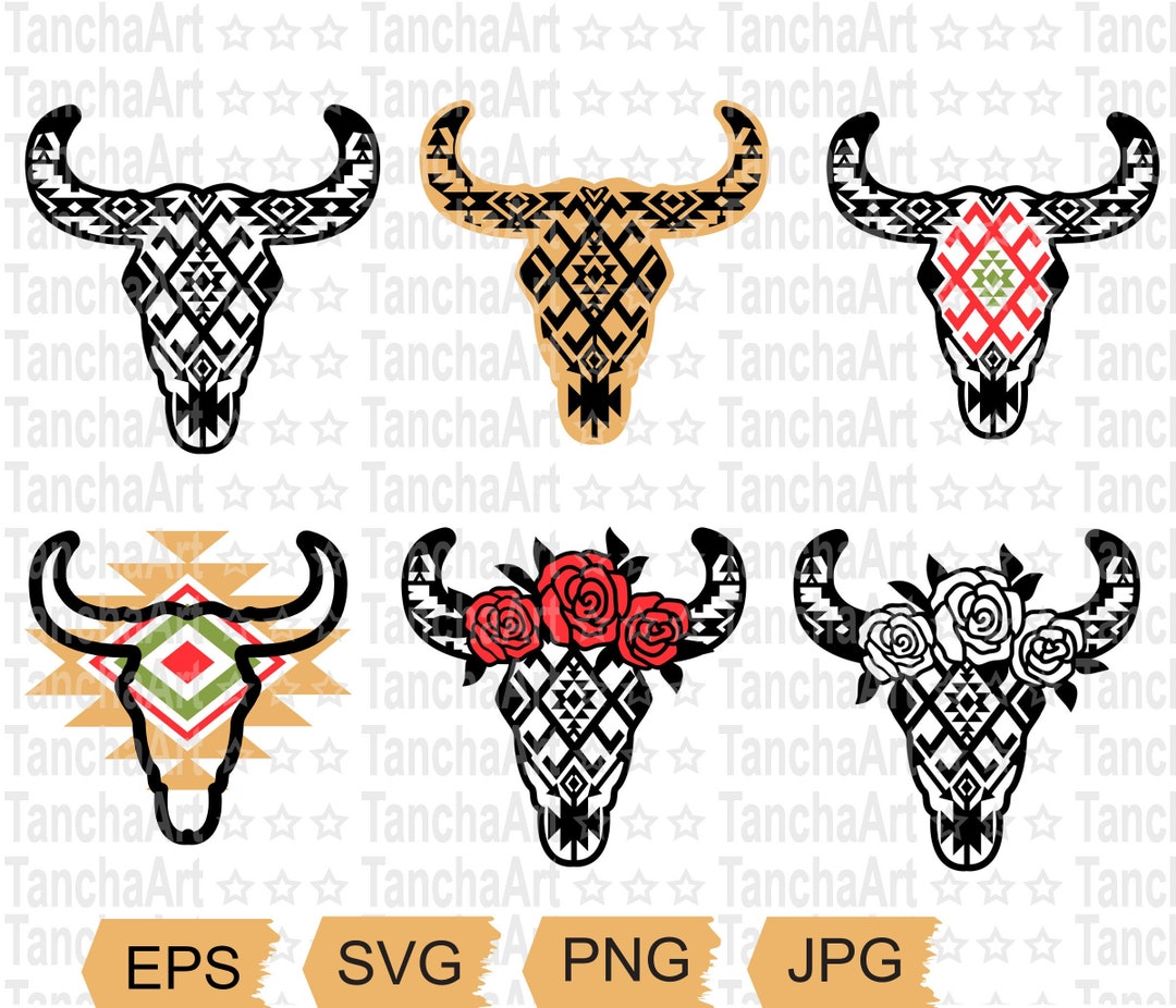 Cow Skull Aztec Pattern SVG, Cow Skull Bundle Print Art Cut File for ...