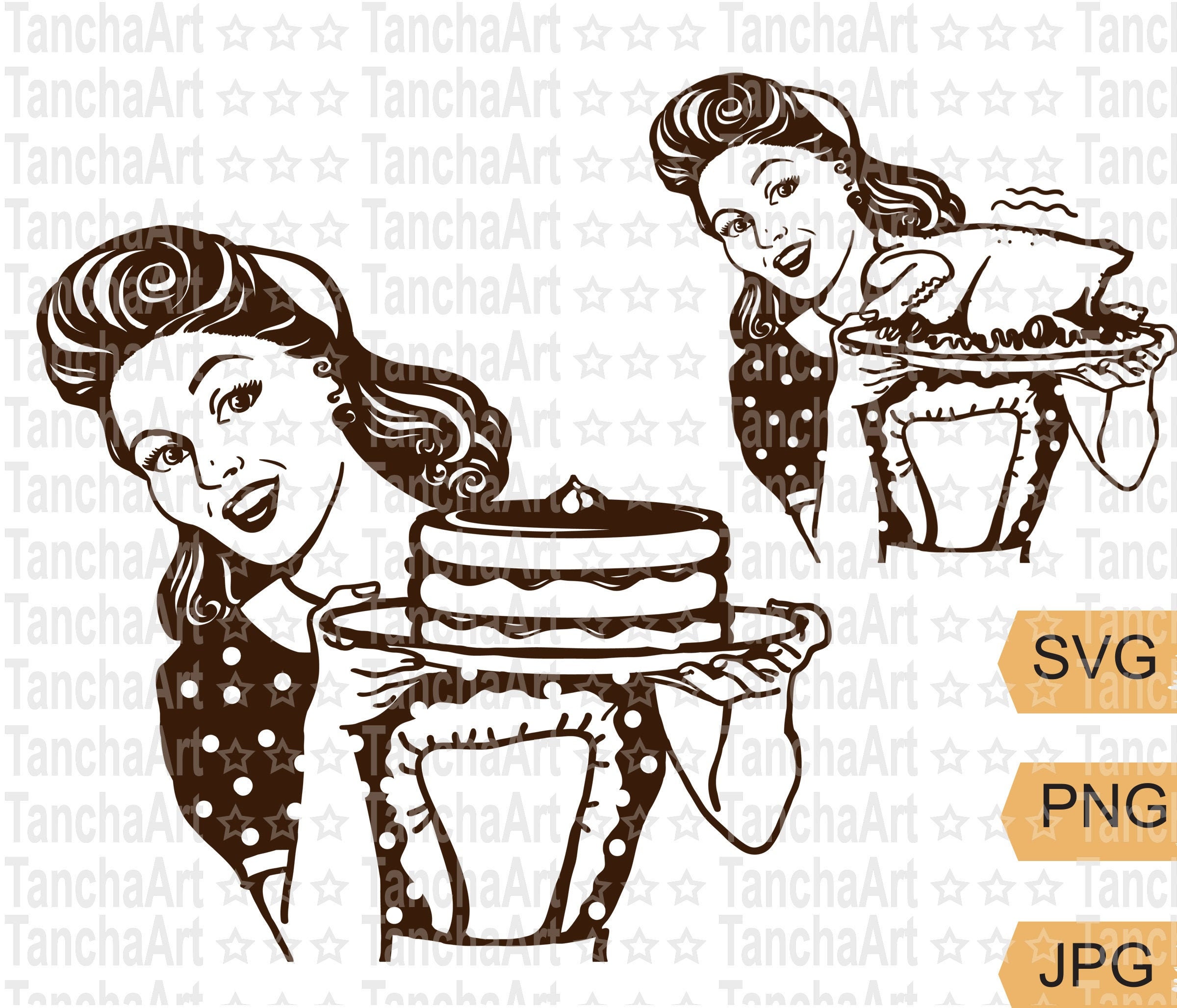 Retro woman SVG Pin up woman plate sweet cake roasted chicken | Etsy