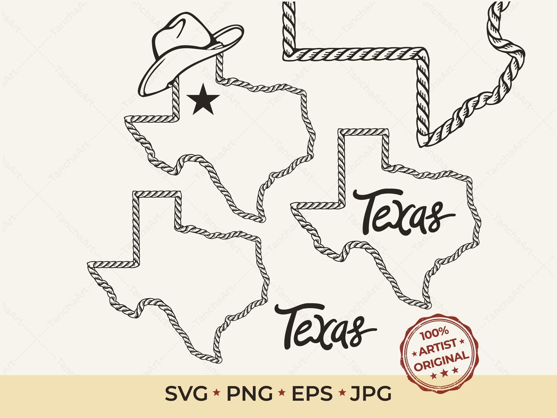 Texas Map Rope Outline SVG & PNG | Hand Drawn Western Lasso Frame ...