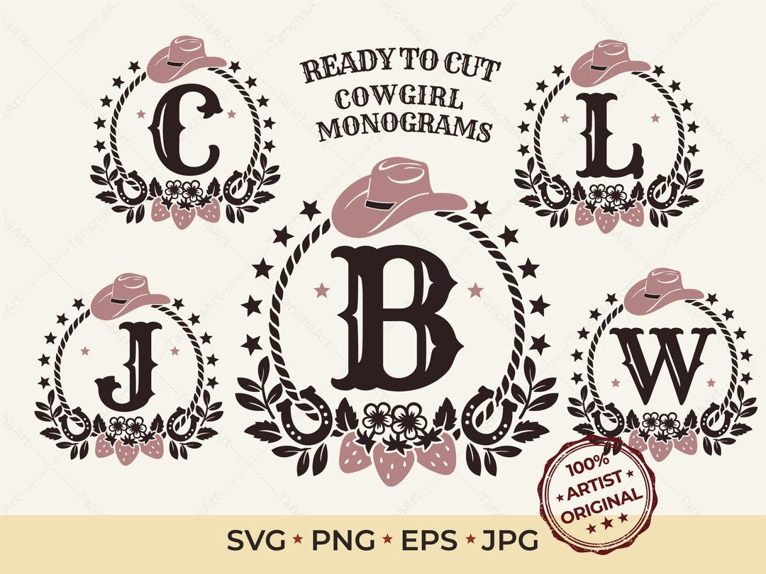 Coastal Cowgirl Monogram SVG Bundle, Western Alphabet Strawberry ...