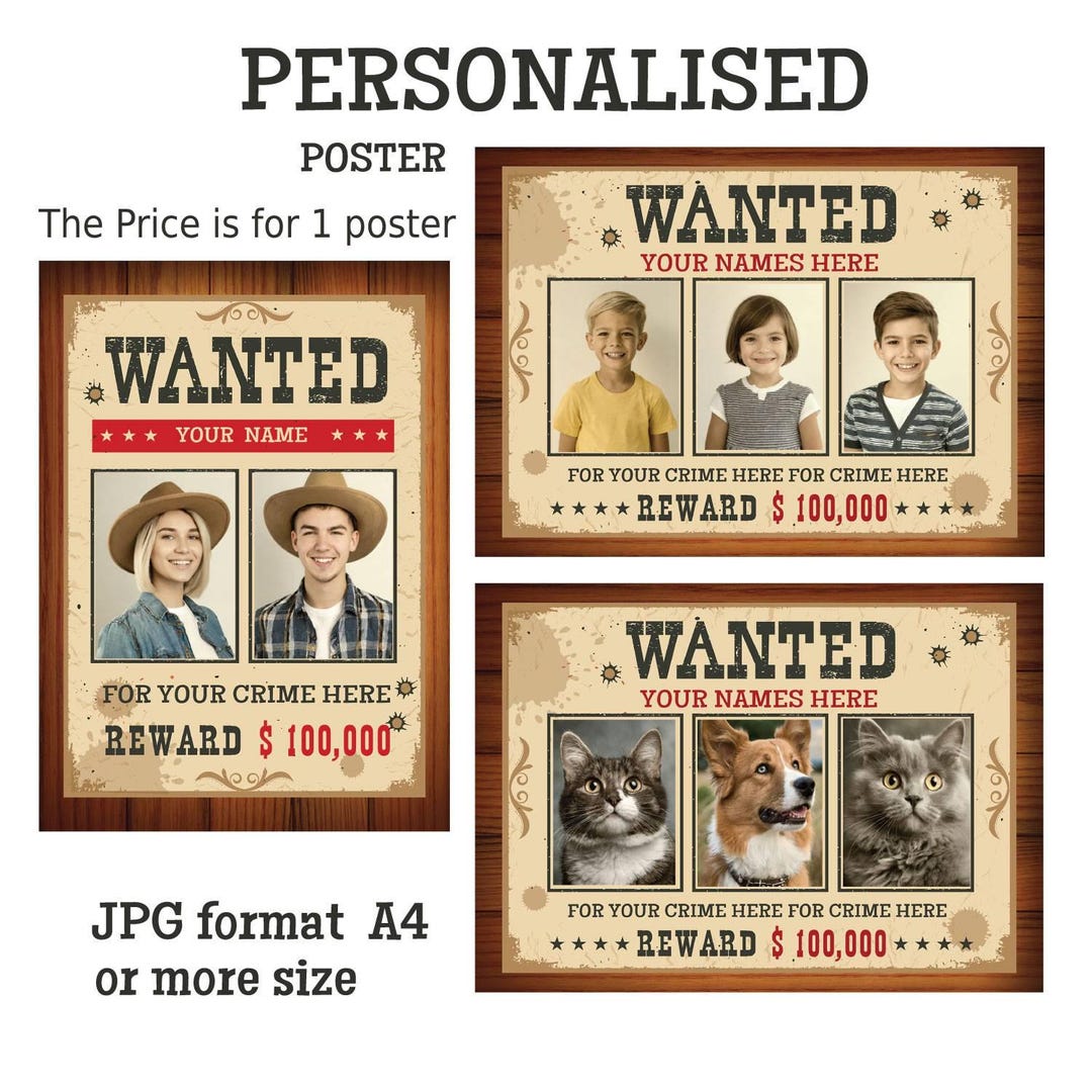 Personalized Cowboy Wanted Poster JPG, PNG A4 Format 8,5x11 Inch ...