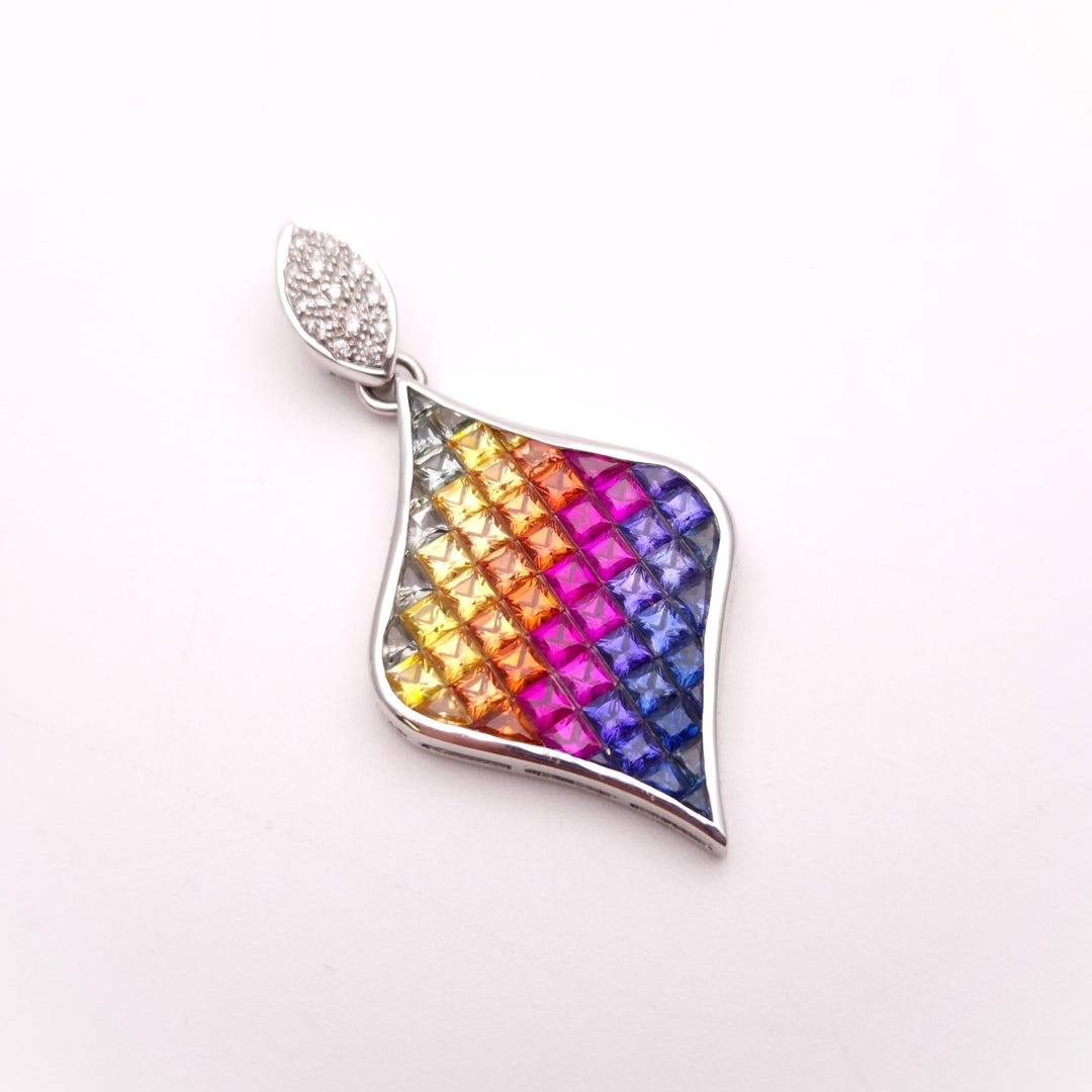 9ct White Gold Rainbow Vari-hue Sapphire and Diamond Large Pendant - Etsy