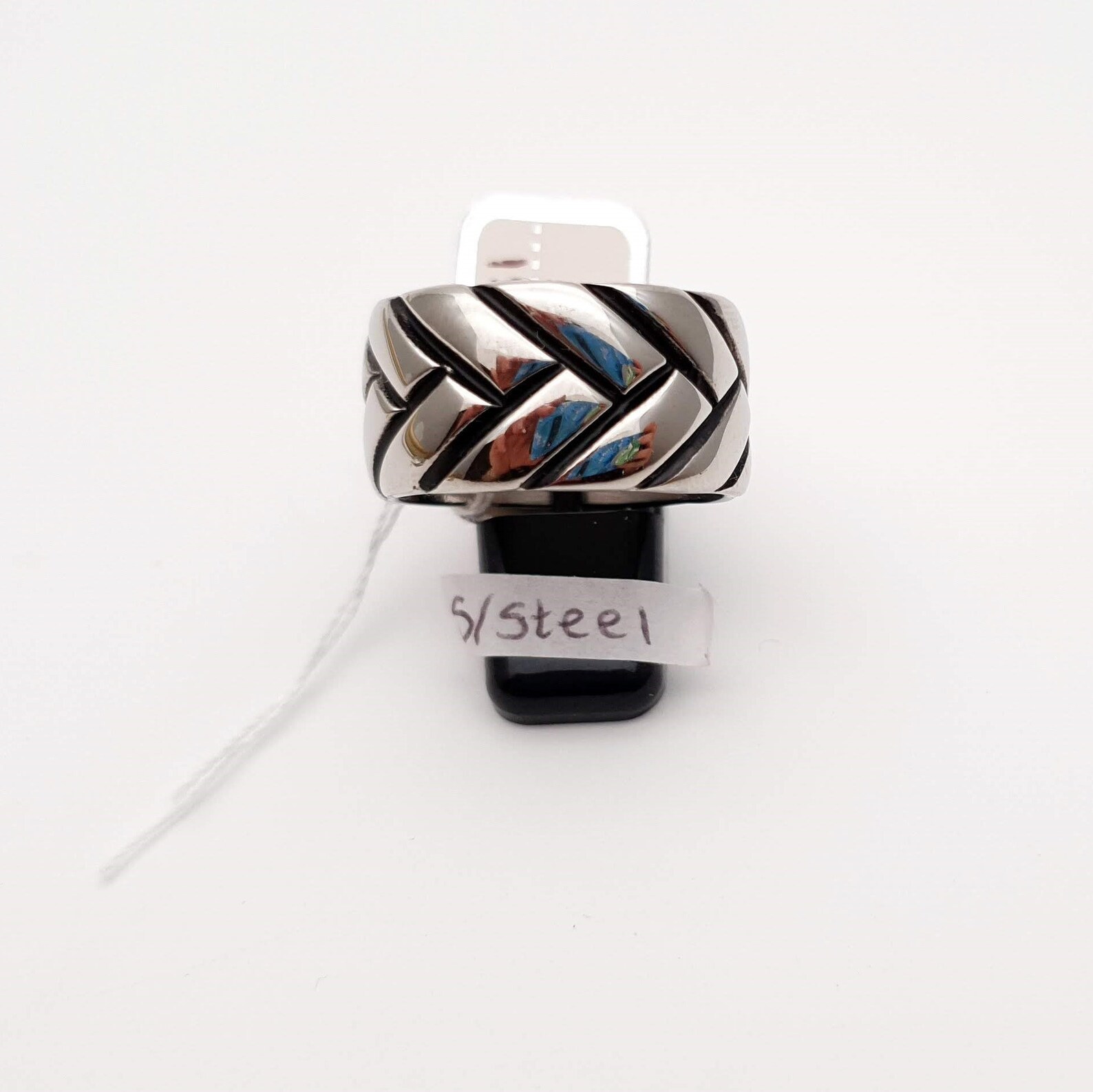 Stainless Steel Herringbone Patterned Wide Band Ring - Etsy
