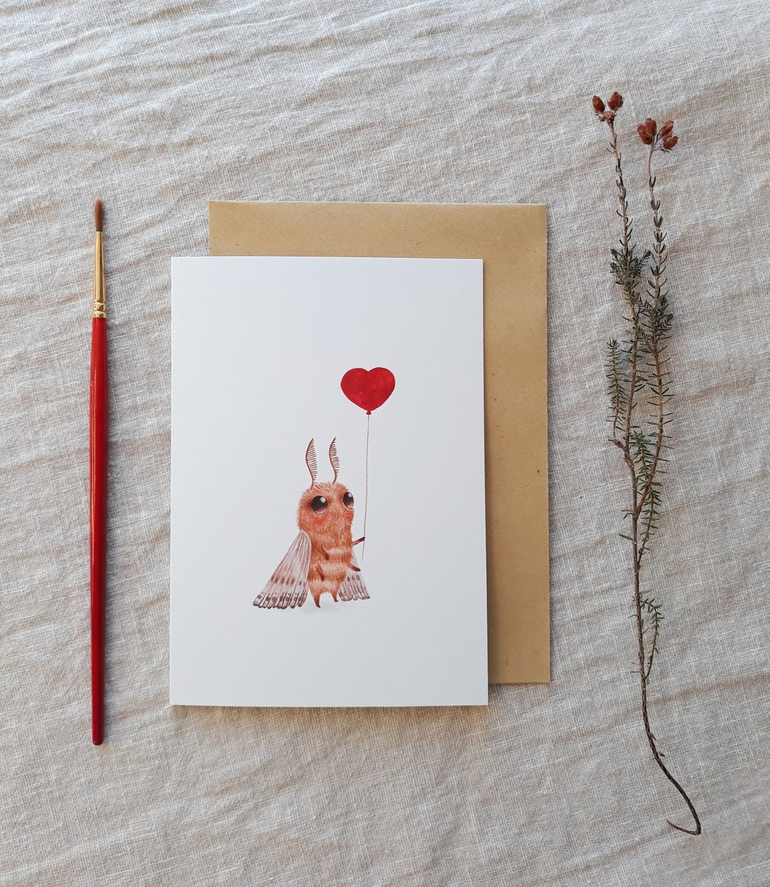 Greeting Card Cute Moth With Baloon - Moth With Heart - Love Greeting ...