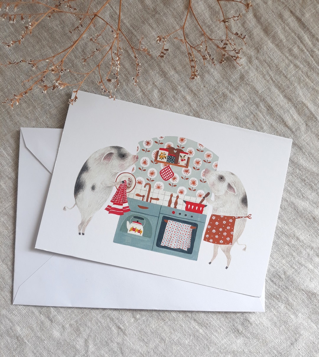 A6 Pigs in Kitchen Greeting Card - Etsy