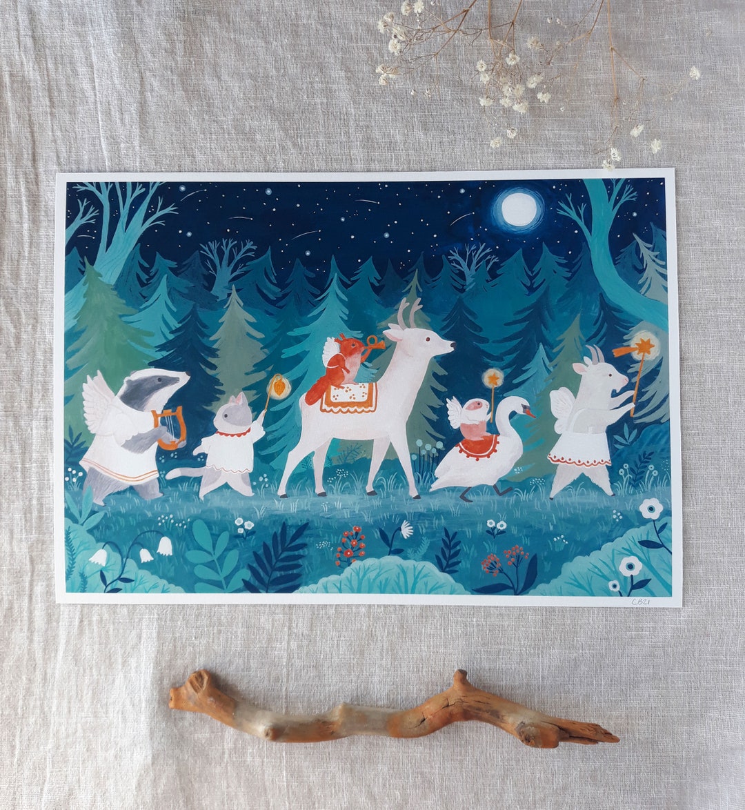 Magical Night A4 Giclee Print - Woodland Animals Procession- Art Print ...