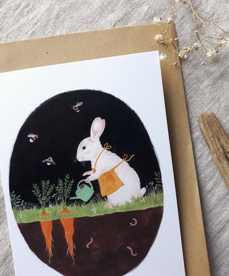 Greeting card rabbit gardener rabbit bees and carrots | Etsy