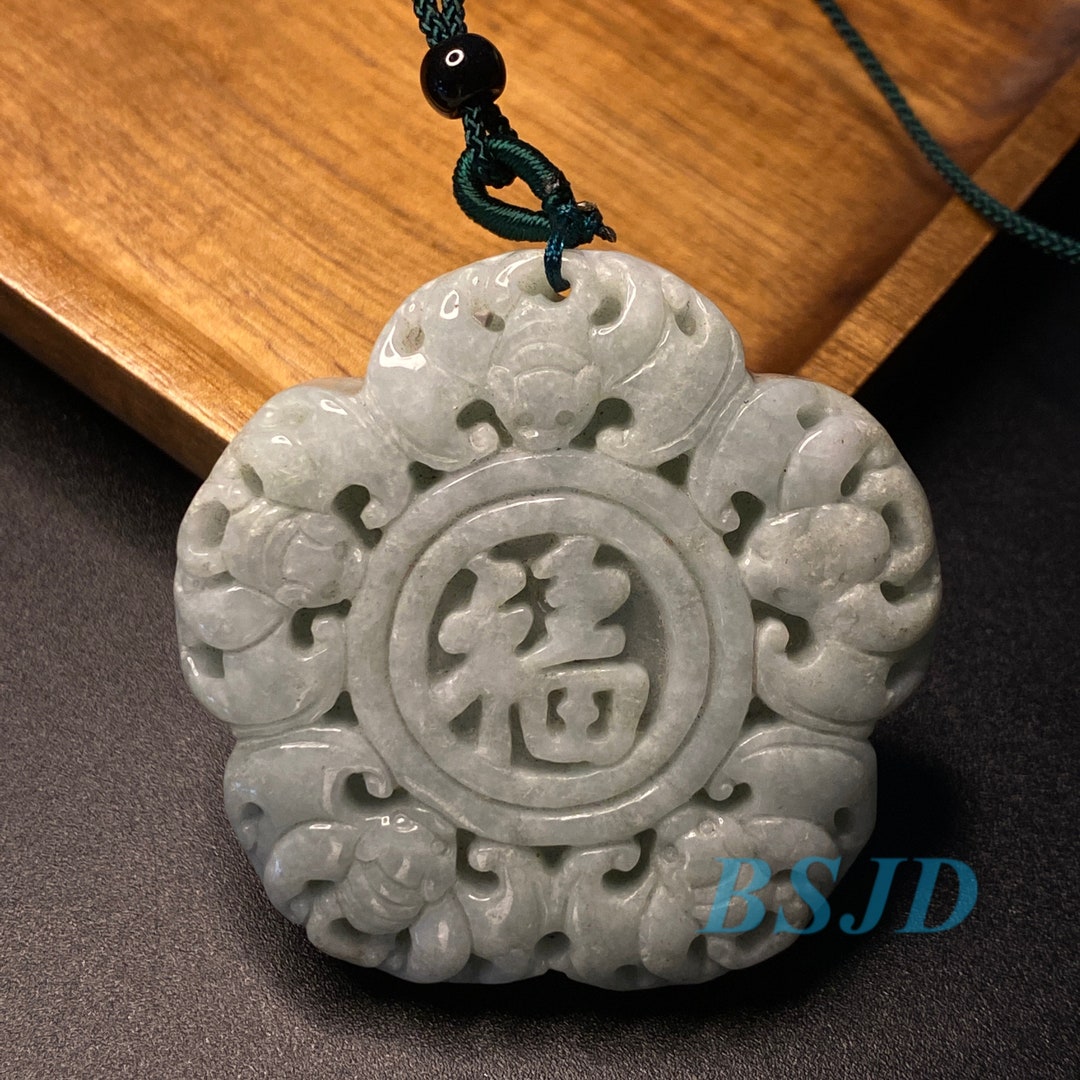 Bat Fu 福到 Pendant Natural Grade A Jade ICE Burma Jadeite Chinese Carved ...
