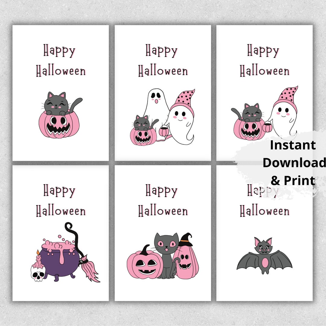 Printable Cute Pink Halloween Card Happy Halloween Card Set - Etsy