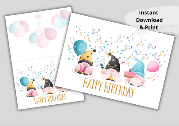 Printable Happy Birthday Card With Gnomes. Card Template. Card - Etsy