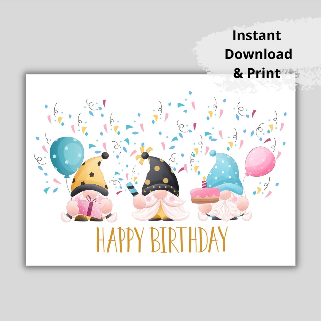 Printable Happy Birthday Card With Gnomes. Card Template. Card to Print ...