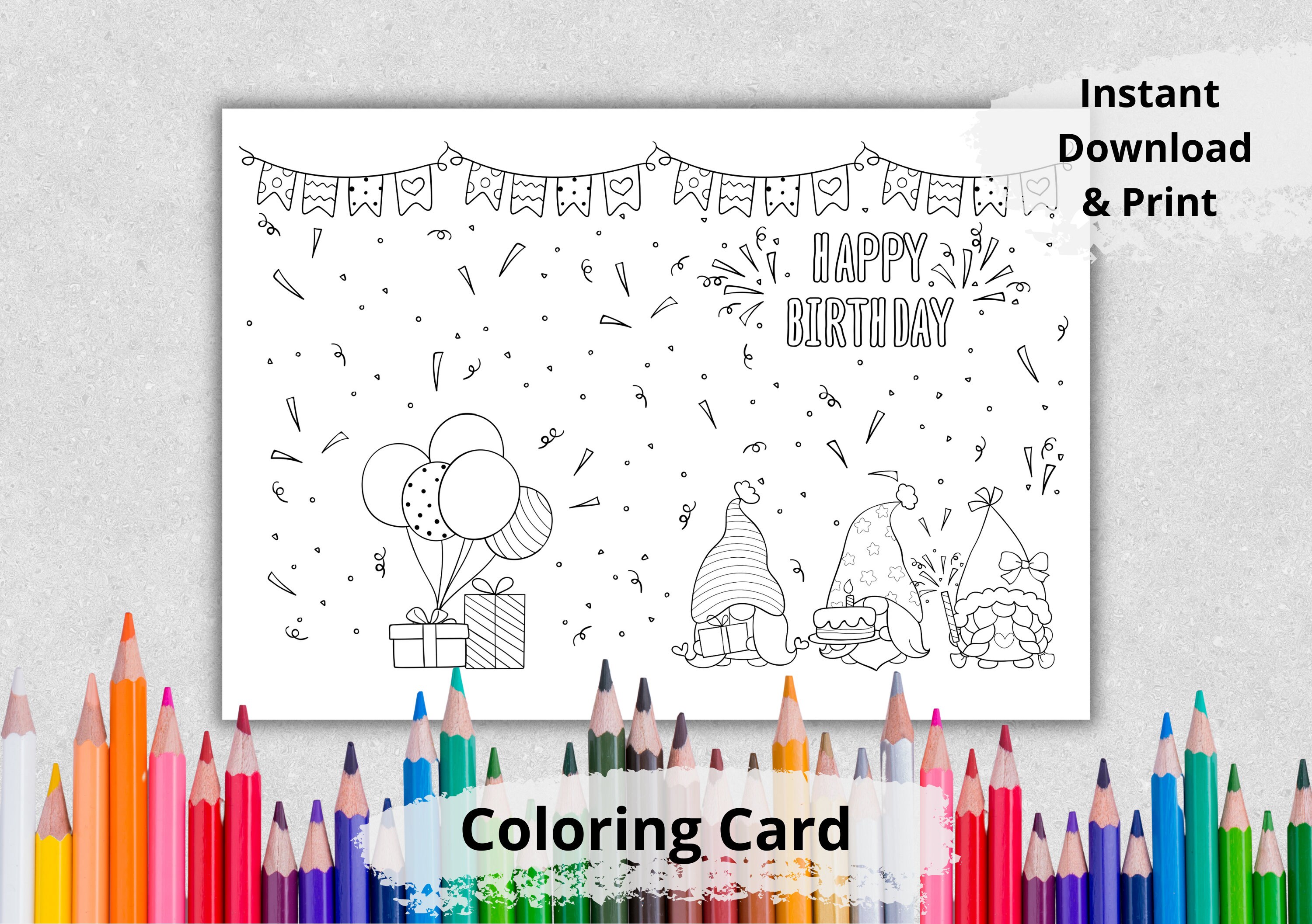 Printable Happy Birthday Coloring Card, Birthday Card With Gnomes ...