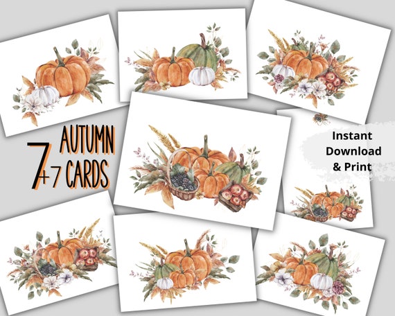 Set of 14 PRINTABLE Autumn Cards Watercolor Pumpkin Greeting - Etsy