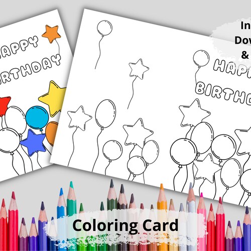 Happy Birthday Card With Balloons Printable PDF Coloring - Etsy