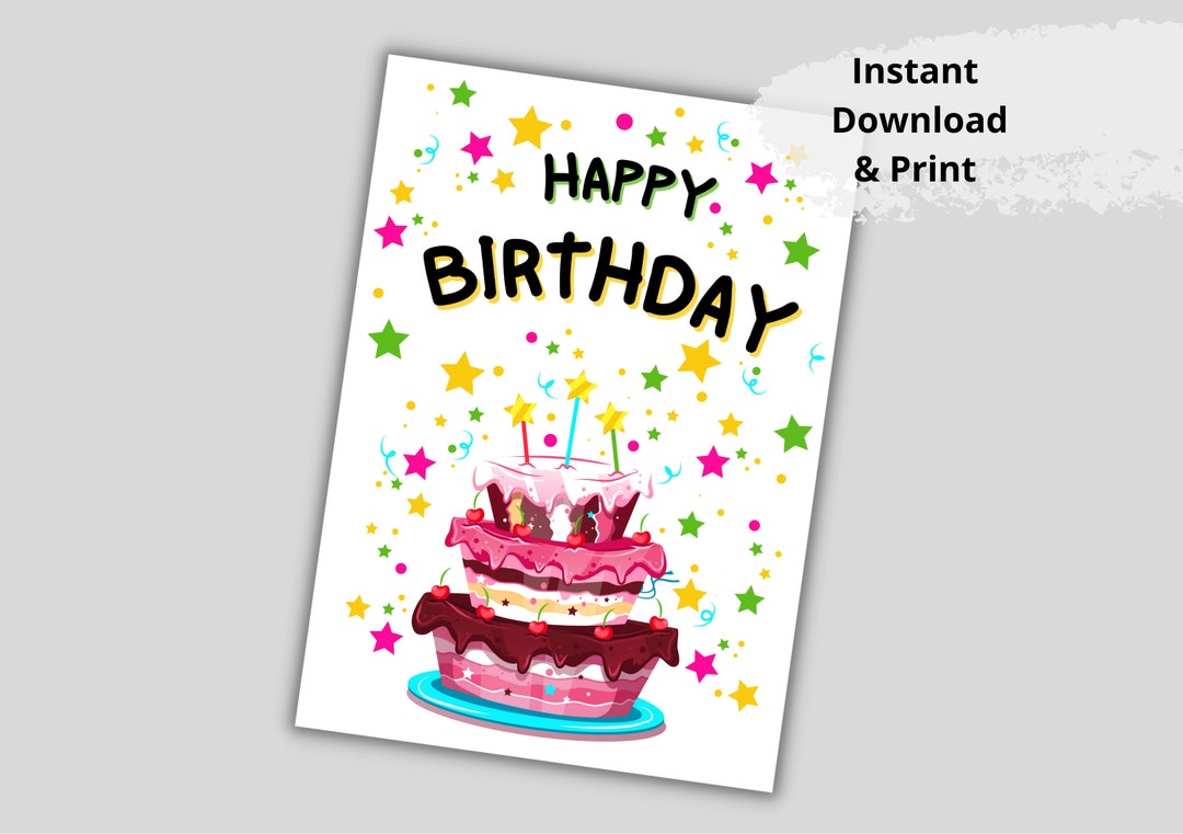 Printable Happy Birthday Card With Cake, Cake Birthday Card, Greeting ...