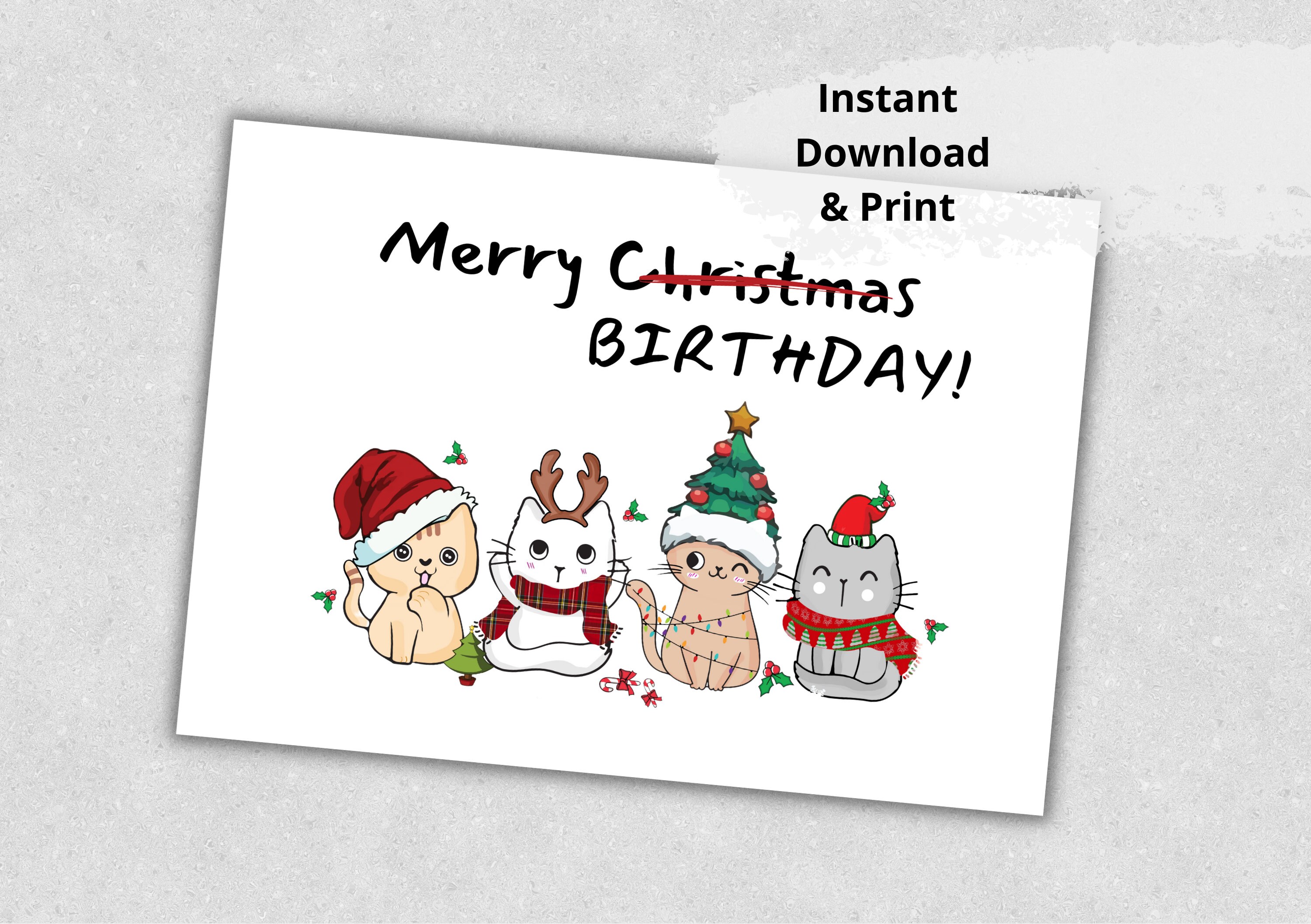 Printable Merry Birthday Card Birthday Christmas Card Cute - Etsy