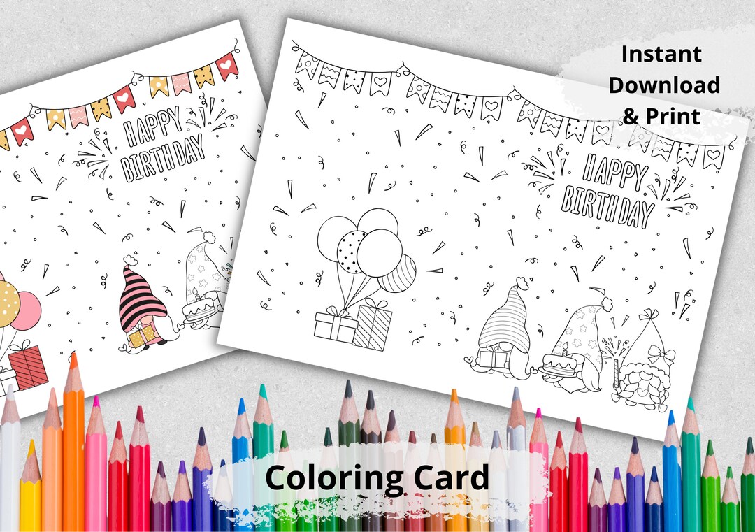 Printable Happy Birthday Coloring Card, Birthday Card With Gnomes ...