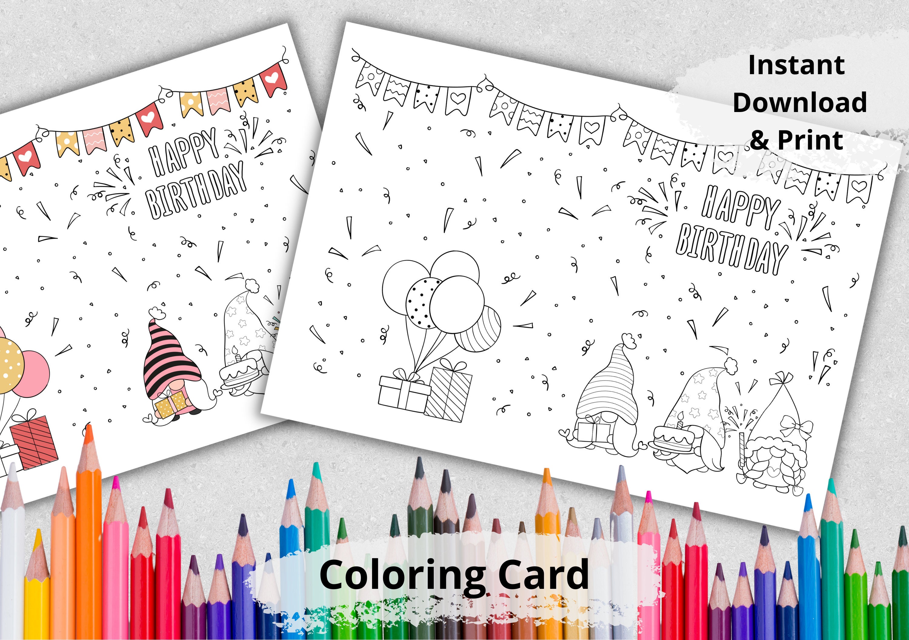 Printable Happy Birthday Coloring Card, Birthday Card With Gnomes ...