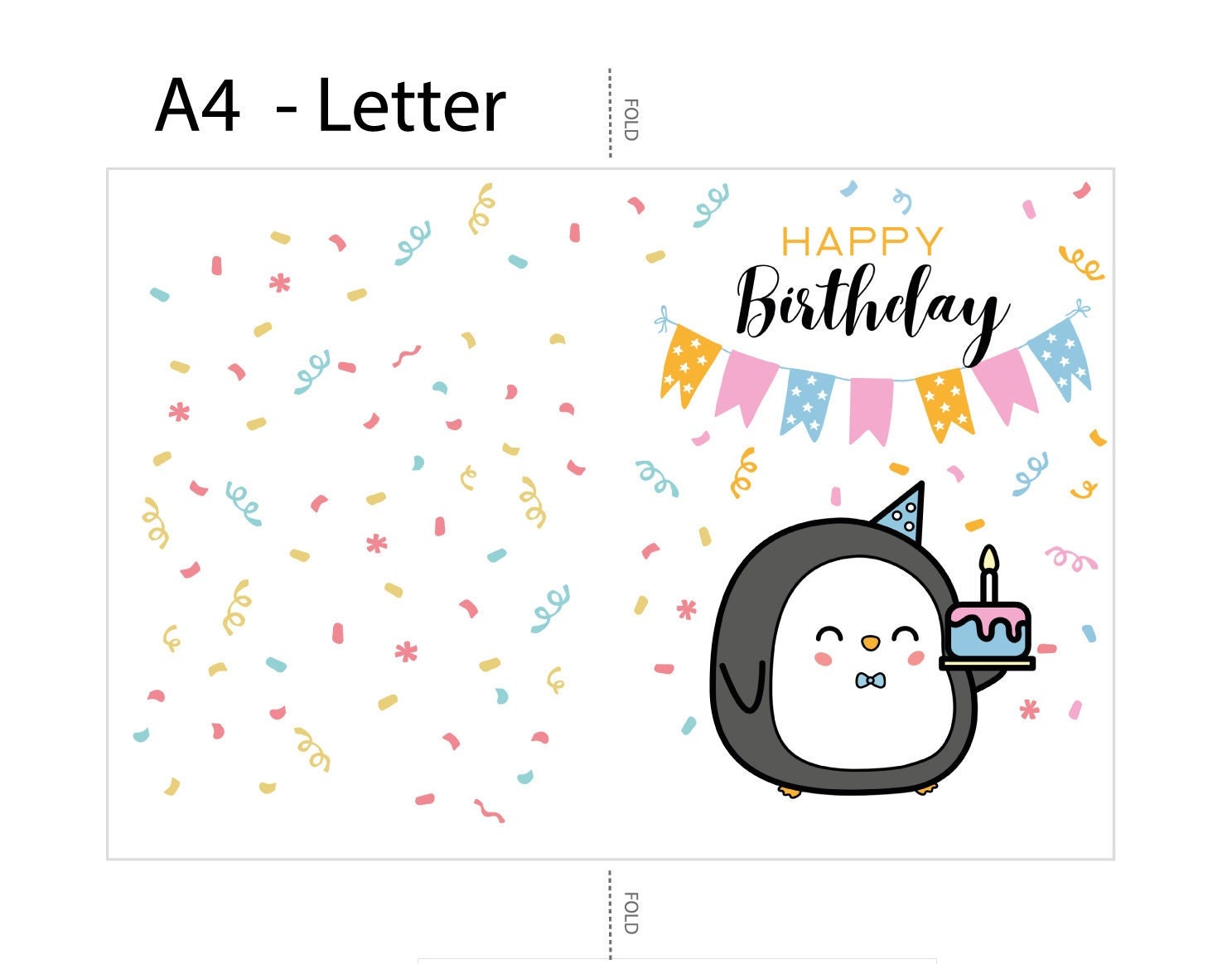 Printable Happy Birthday Card With Penguin. Card Template. Digital ...