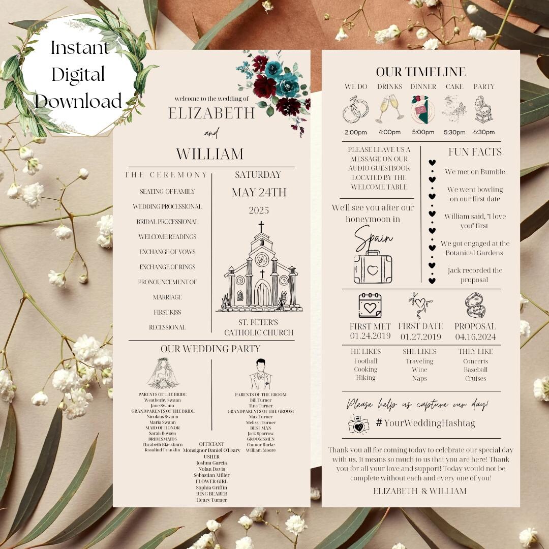 Infographic Wedding Card Template, Ceremony Program Template, Editable ...