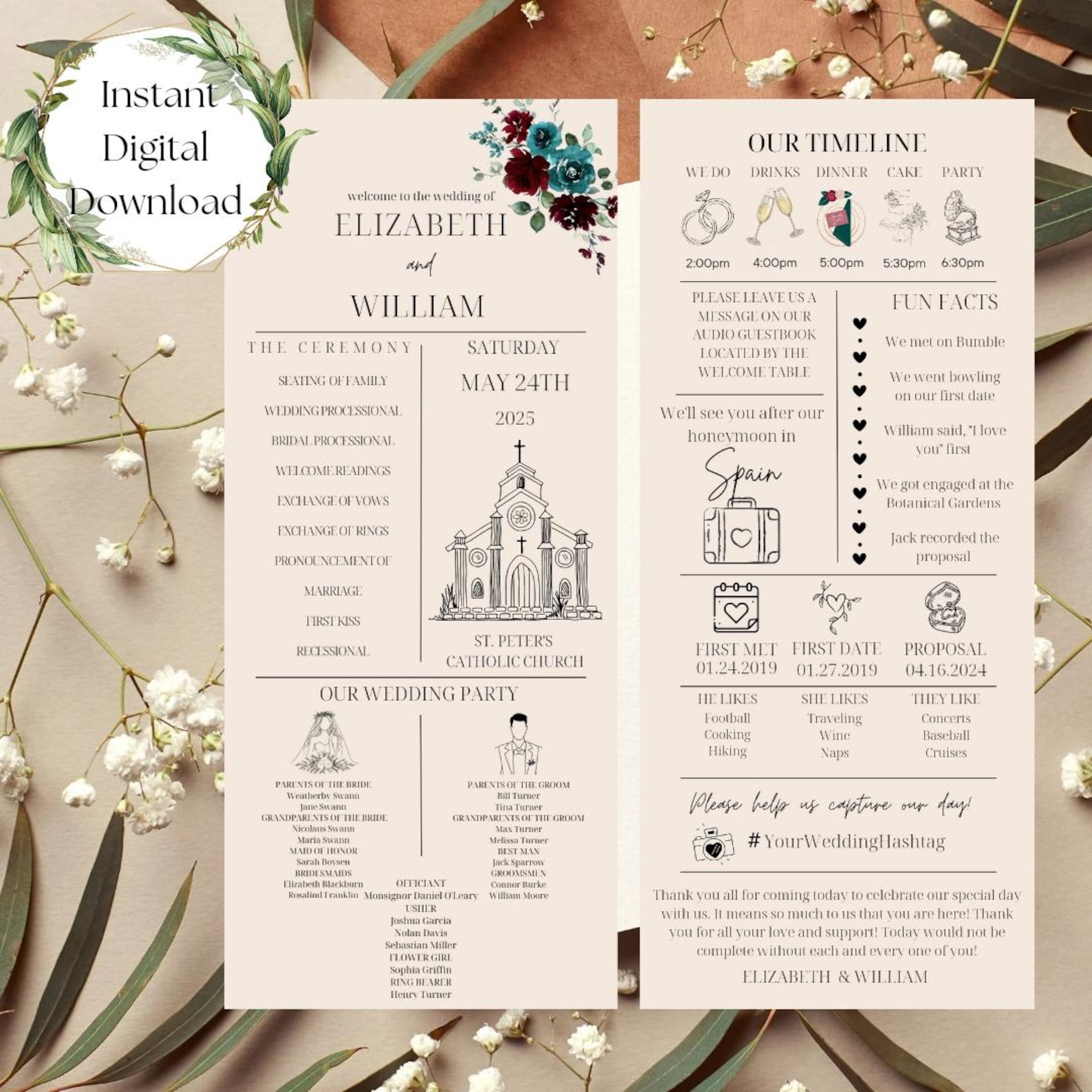 Infographic Wedding Card Template, Ceremony Program Template, Editable ...