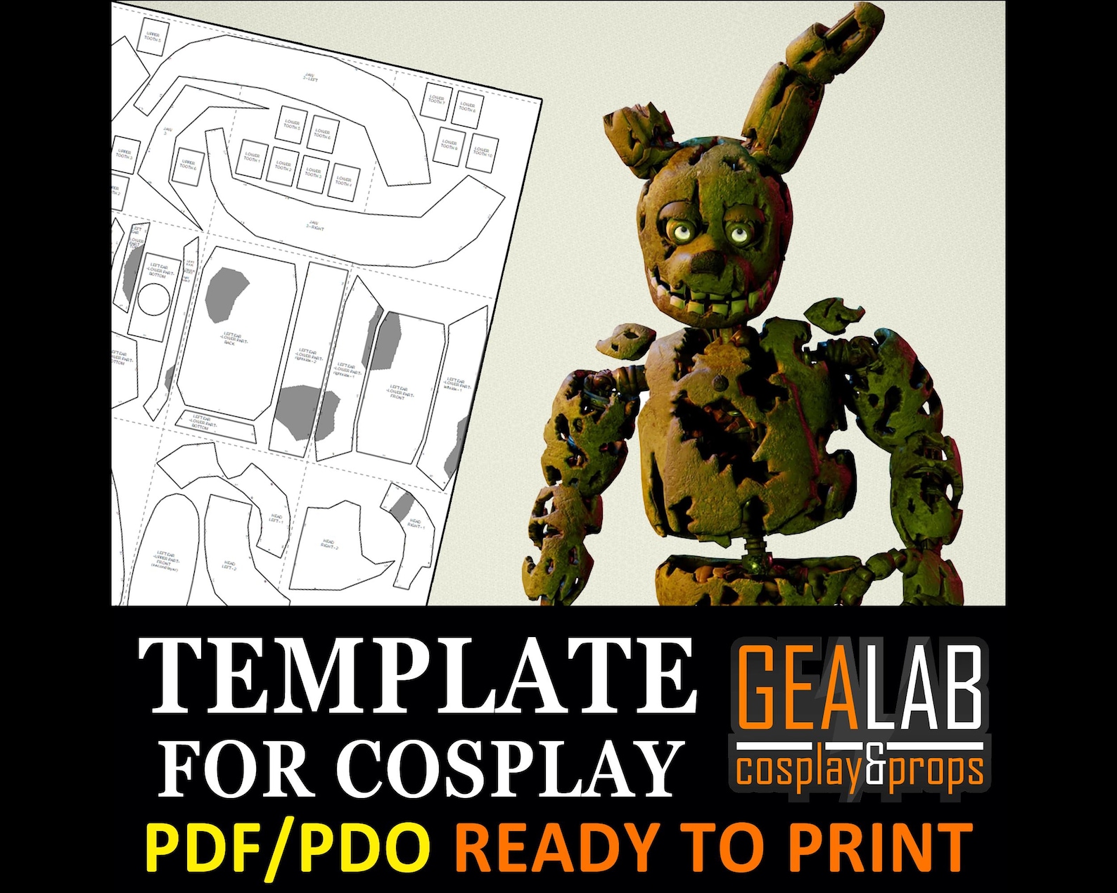 Springtrap - PDF/PDO Foam Templates for Cosplay (fnaf, Five Nights at Freddy's 2 Movie) Pattern ...
