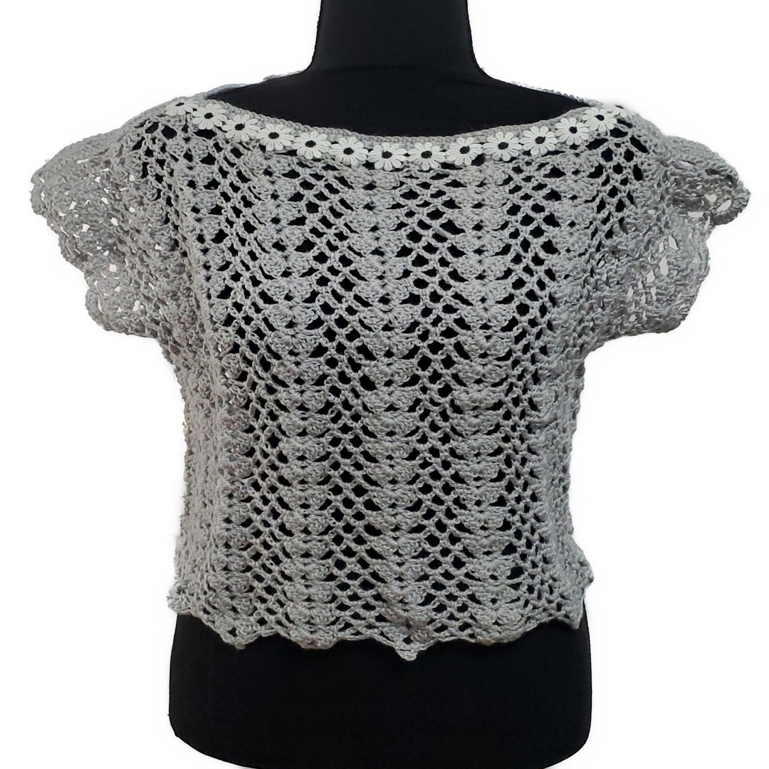 Crop Summer Top, Light Gray Summer Top, Handmade Lace Top, Short Summer ...