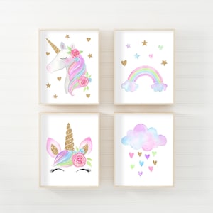 Unicorn Nursery Decor Posters Wall Art Prints Set of 4 Printable Girls ...