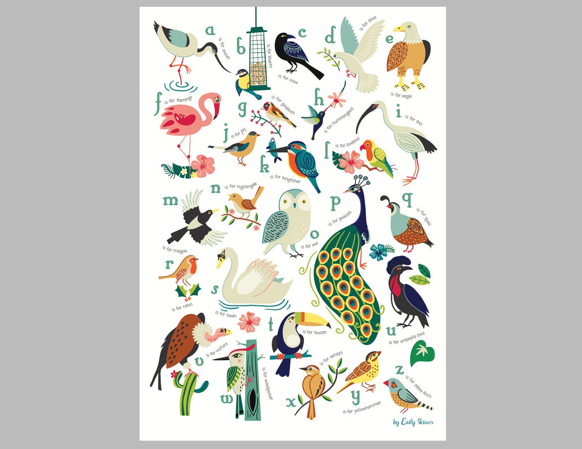 Birds alphabet art print instant download 4 sizes | Etsy