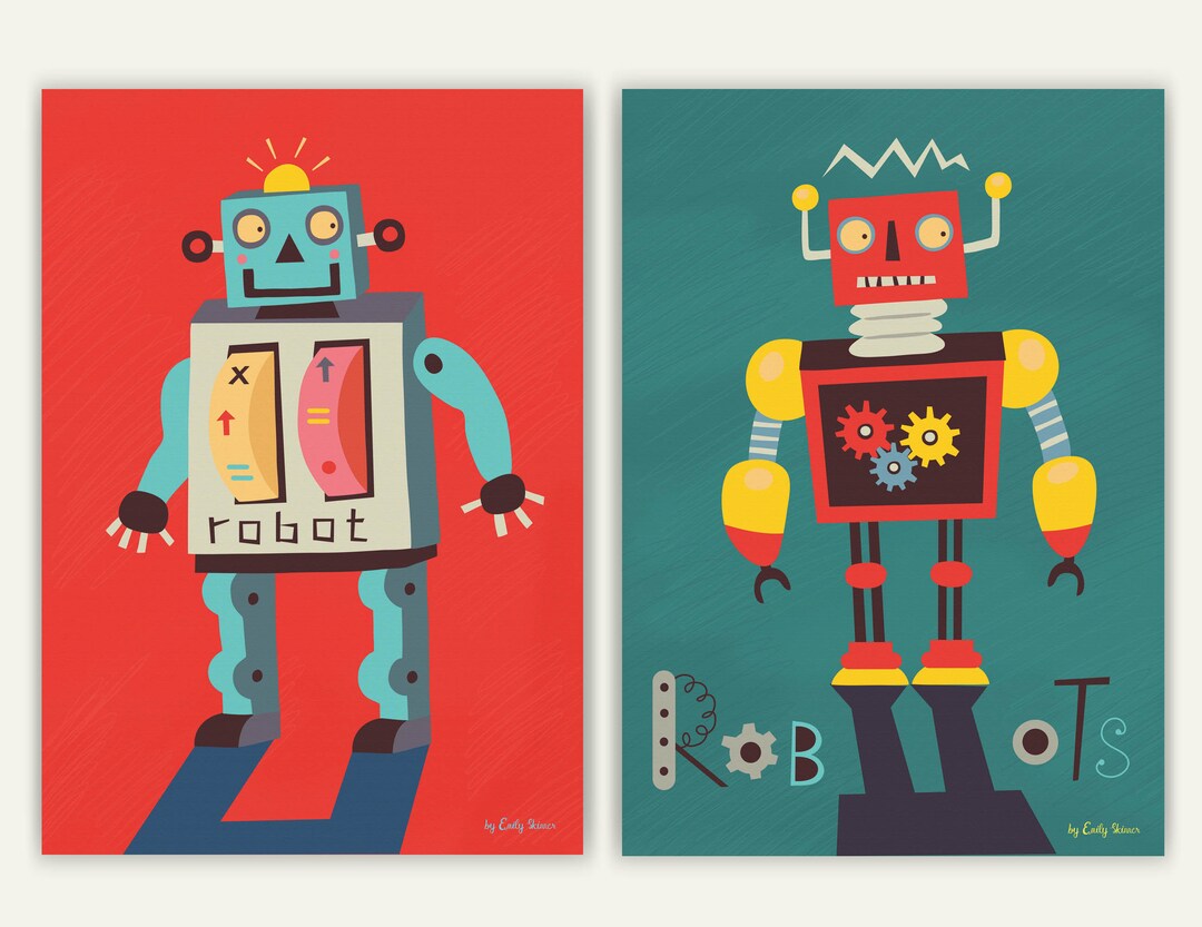 Robot Art Prints, Digital Download Colourful Wall Art for Children's ...