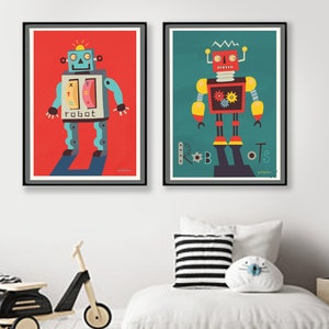 Robot Art Prints, Digital Download Colourful Wall Art for Children's ...
