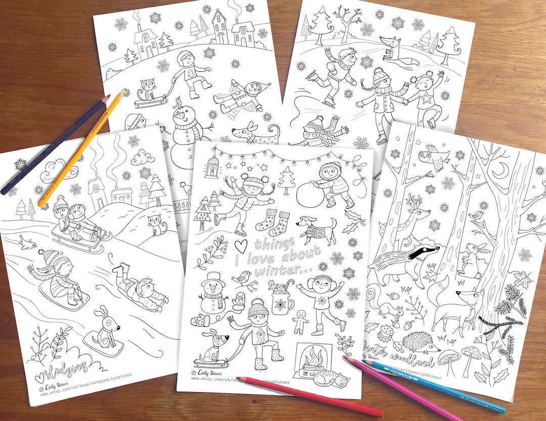 Winter Fun Colouring Pages, Digital Download Kids Activity, 5 Cute ...
