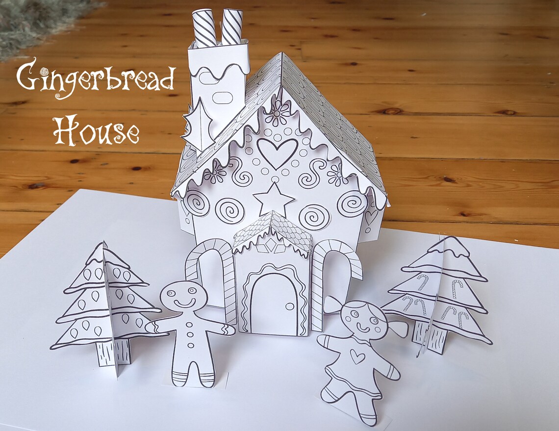 Gingerbread House Printable Paper Craft and Colouring Activity | Etsy