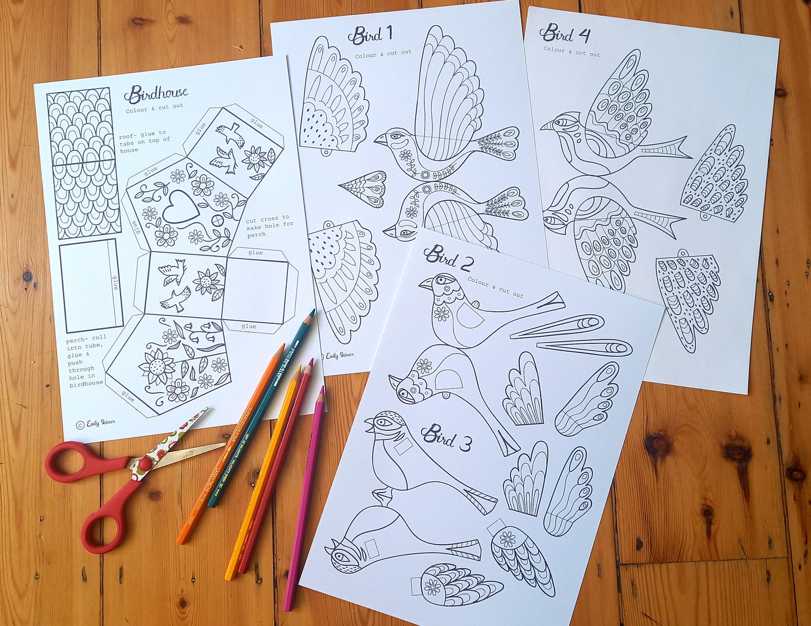 Printable Paper Birds & Birdhouse: Kids Coloring Craft (digital ...