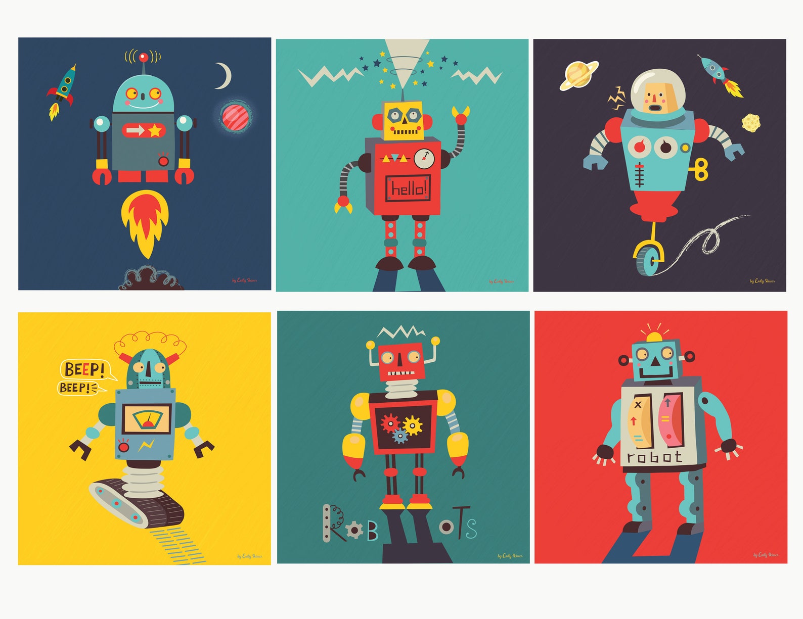 Robot Prints X 6 Instant Download Colourful Retro - Etsy