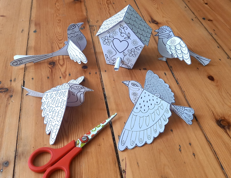 Printable Paper Birds & Birdhouse: Kids Coloring Craft (digital ...