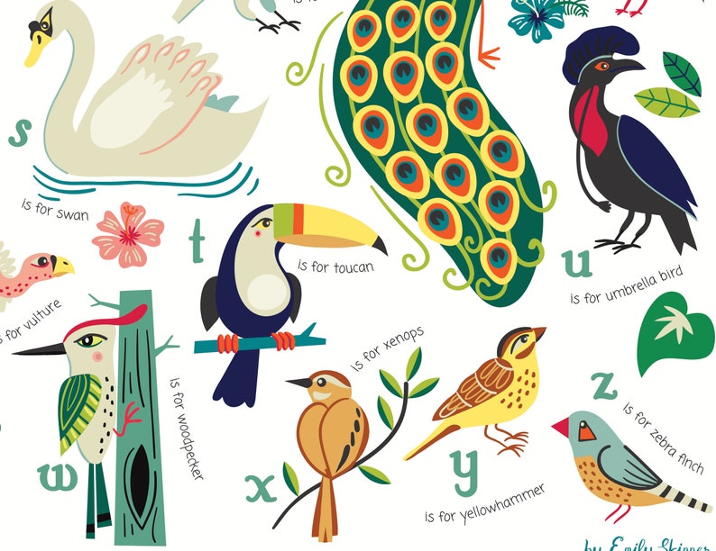 Birds Alphabet Art Print, Instant Download, 4 Sizes, Decorative ...