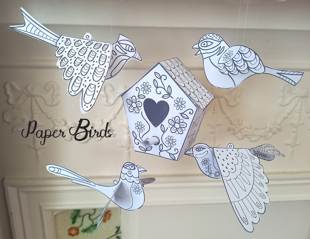 Printable Paper Birds & Birdhouse: Kids Coloring Craft (digital ...