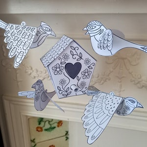Printable Paper Birds & Birdhouse: Kids Coloring Craft (digital ...
