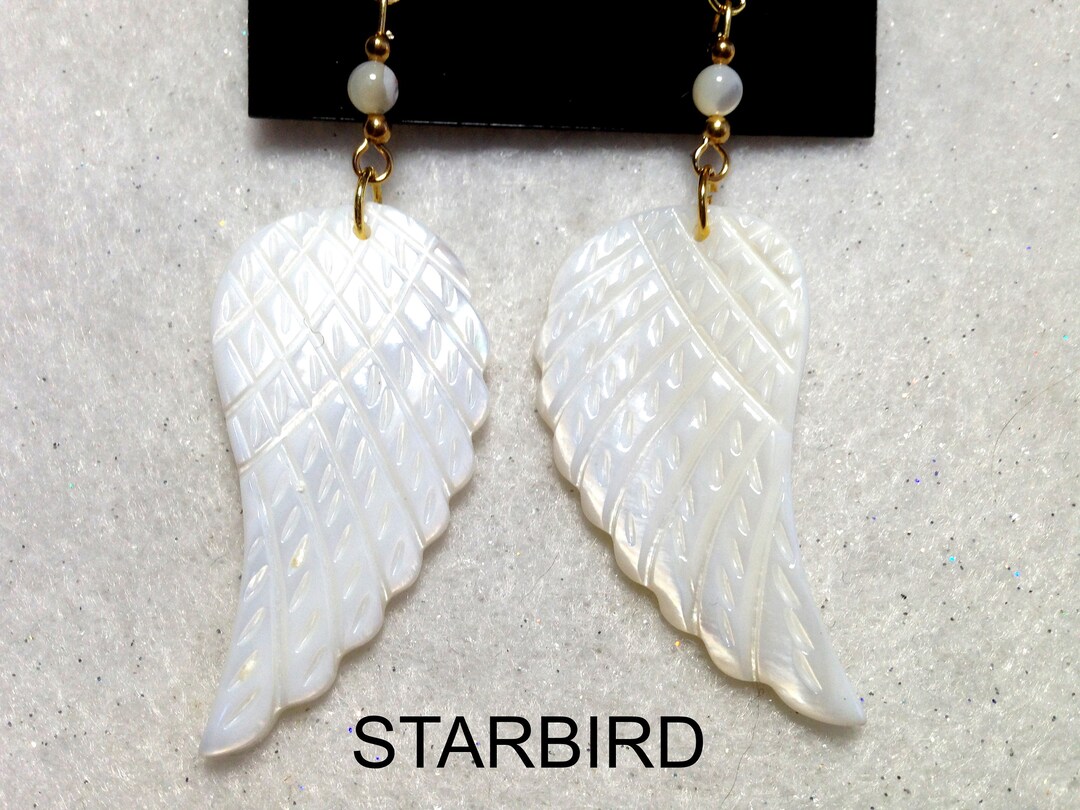 White or Black Mother of Pearl Angel Wing Sea Shell Carved Dangle ...