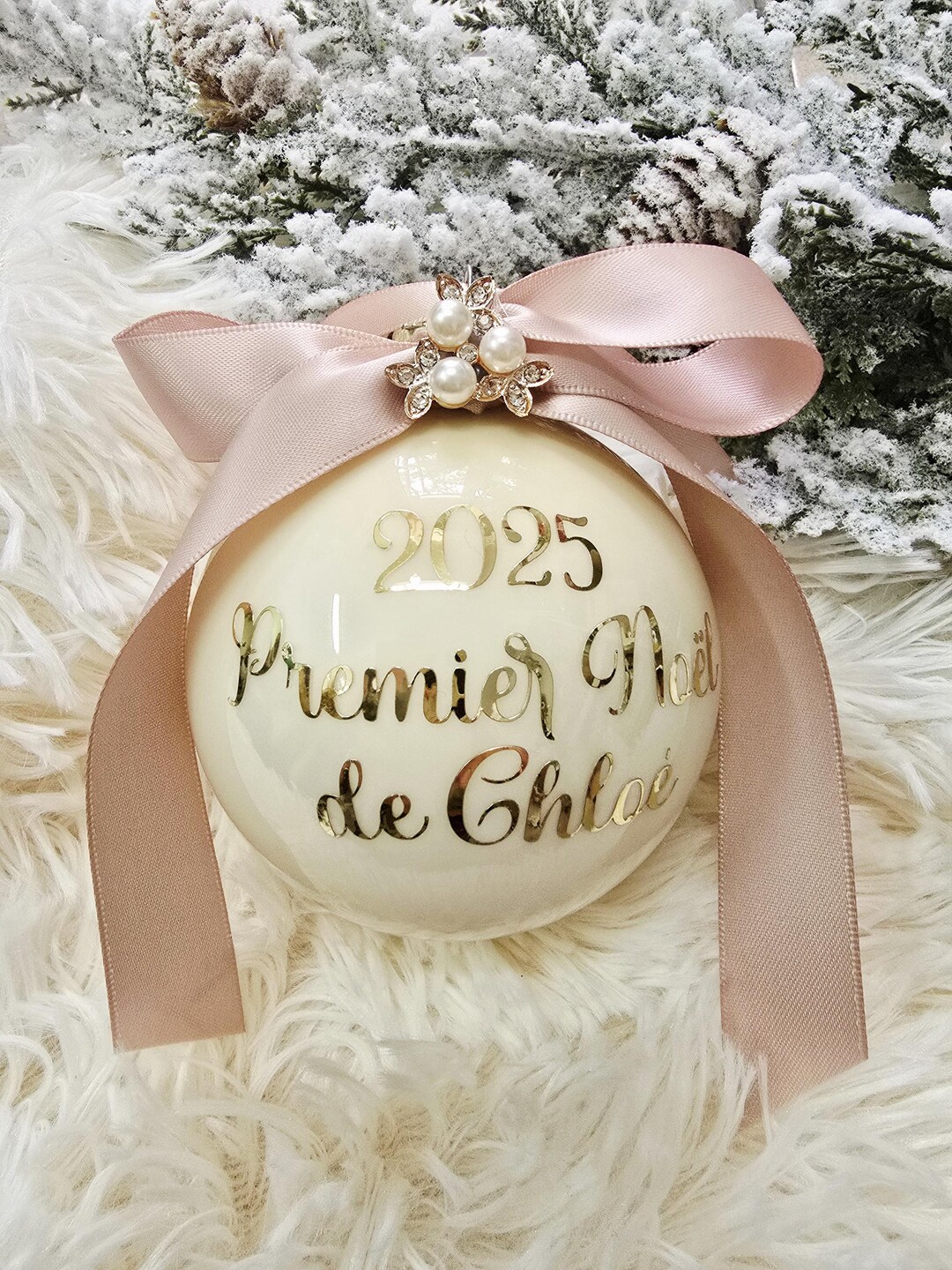 Mon Premier Noel Glass Christmas Bauble With Satin Ribbon in Vintage ...