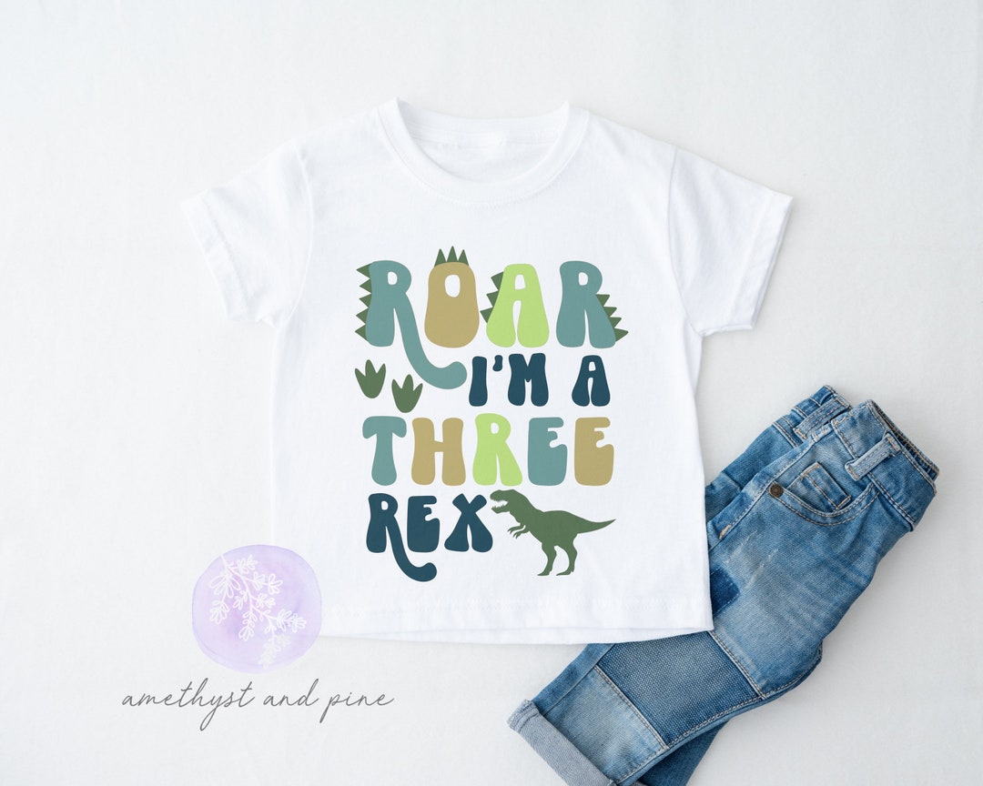 Three Rex Birthday Shirt, Dinosaur Birthday, T-rex, Roar Dino, Muted ...