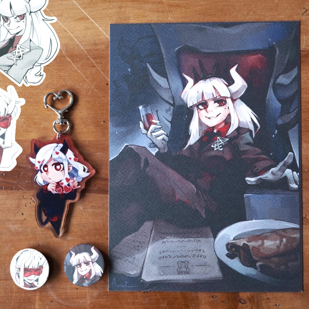 Helltaker Lucifer Modeus and Loremaster | Art Print, Keychain, Badge ...