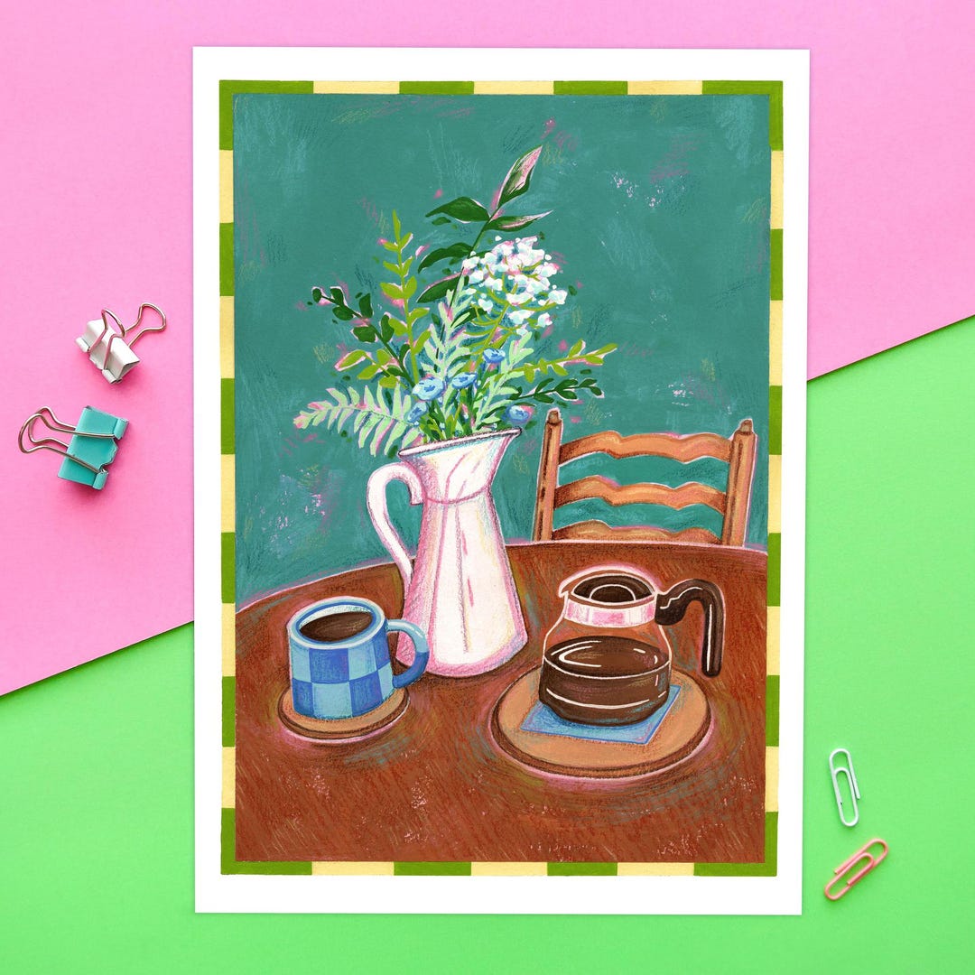 Coffee and Flowers Art Print | Still Life Painting, Colourful Kitchen ...