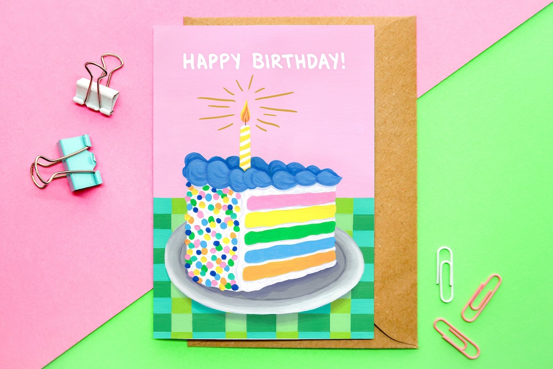 A6 Happy Birthday Card | Happy Birthday Cake Card, Rainbow Cake ...