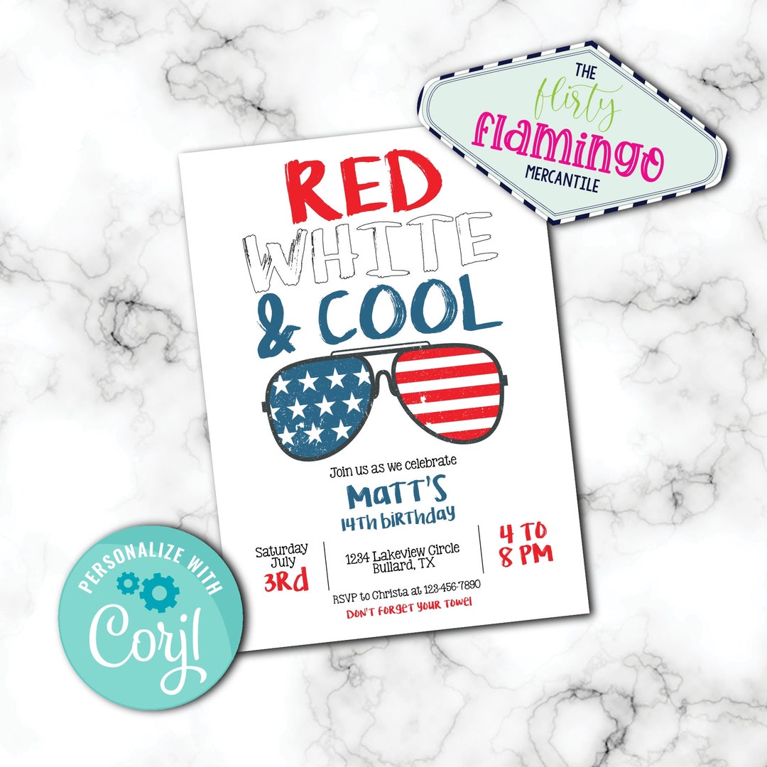 Red White and Blue Birthday Invitation, Summer Birthday Invitation, Red ...