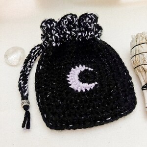 Crochet Crescent Moon Drawstring Pouch With Silver Bead // Size Medium ...