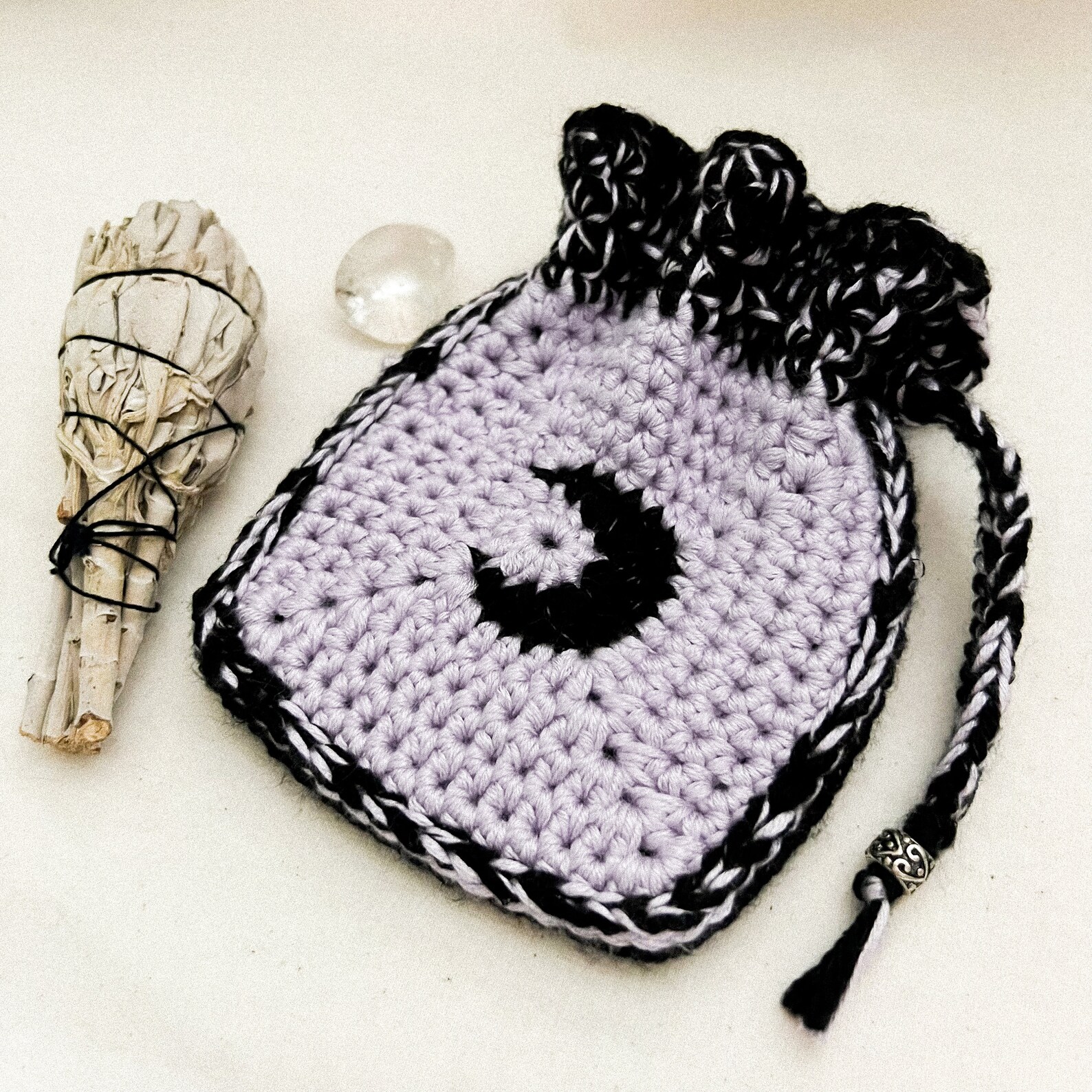 Crochet Crescent Moon Drawstring Pouch With Silver Bead // Size Medium ...